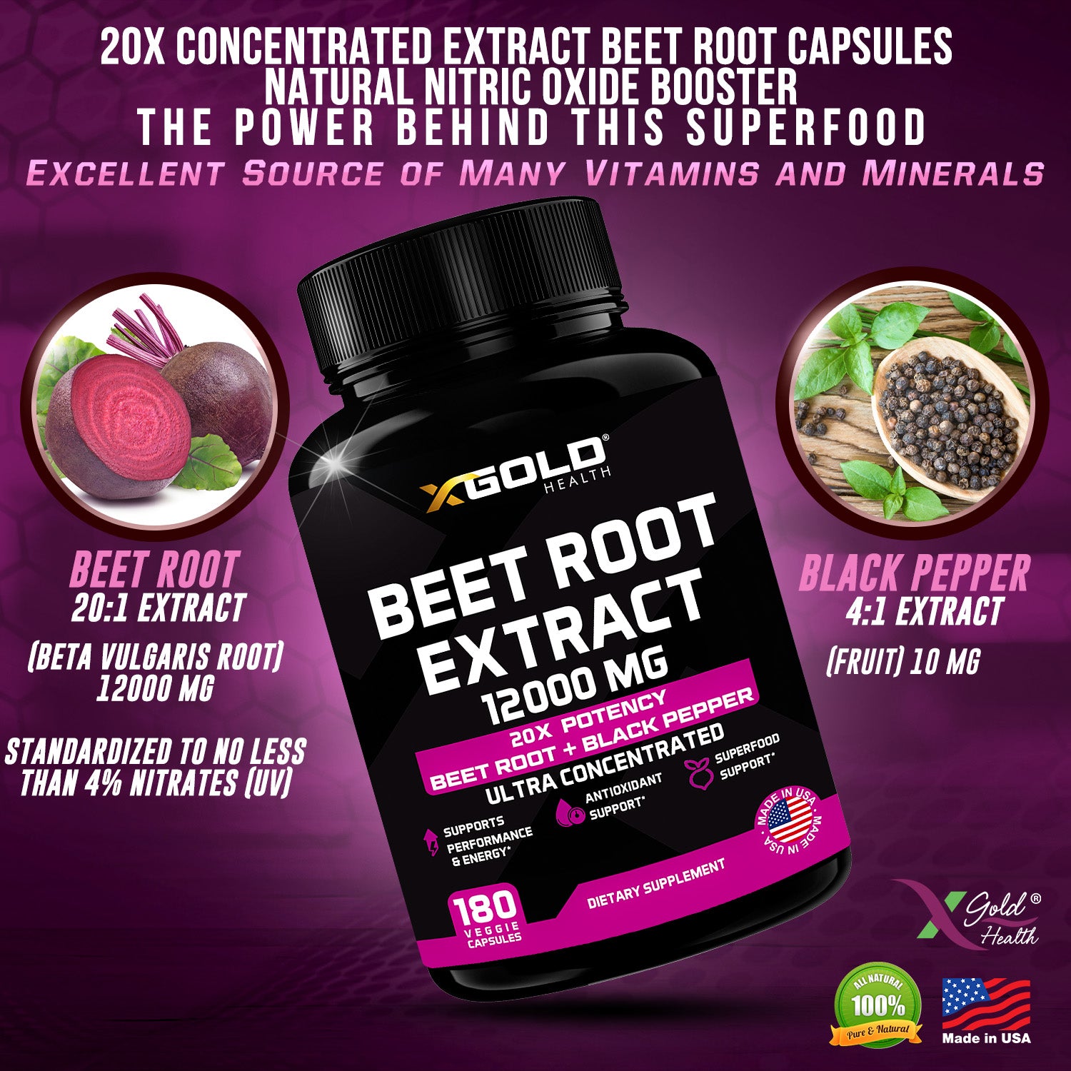 X Gold Health Beet Root Extract Capsules – 12,000mg Highly Concentrate